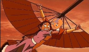 Aang glides across the sky while katara gets scared (in Clipart)