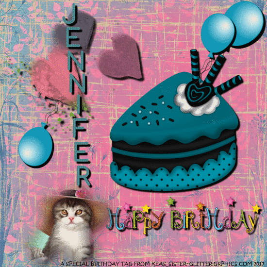 Jennifer - Happy Birthday - Cake - Balloons (in Glitter Text)