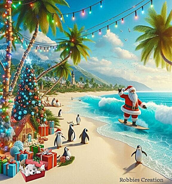 Santa on a Surfboard at the Beach (in AI Art)
