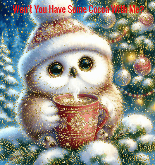 Owl with Hot Cocoa (in Glitter Text)